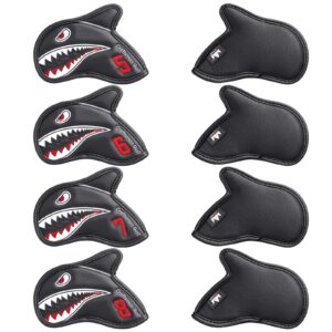 Craftsman Golf Vivid Shark Embroideried with 3D Fin 8pcs (5,6,7,8,9,P,A,S Black Iron Headcover Set with Large Red No.