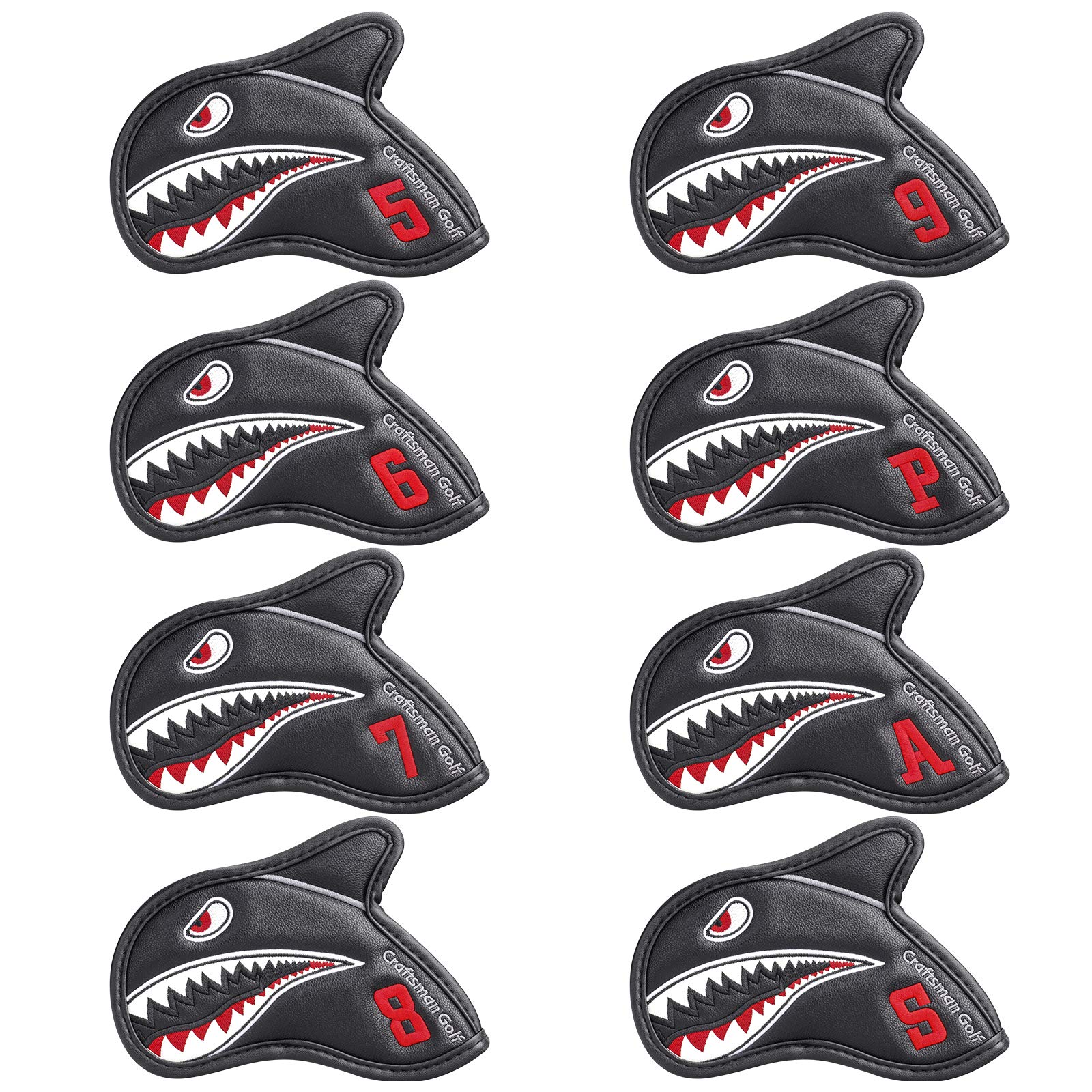 Craftsman Golf Vivid Shark Embroideried with 3D Fin 8pcs (5,6,7,8,9,P,A,S Black Iron Headcover Set with Large Red No.