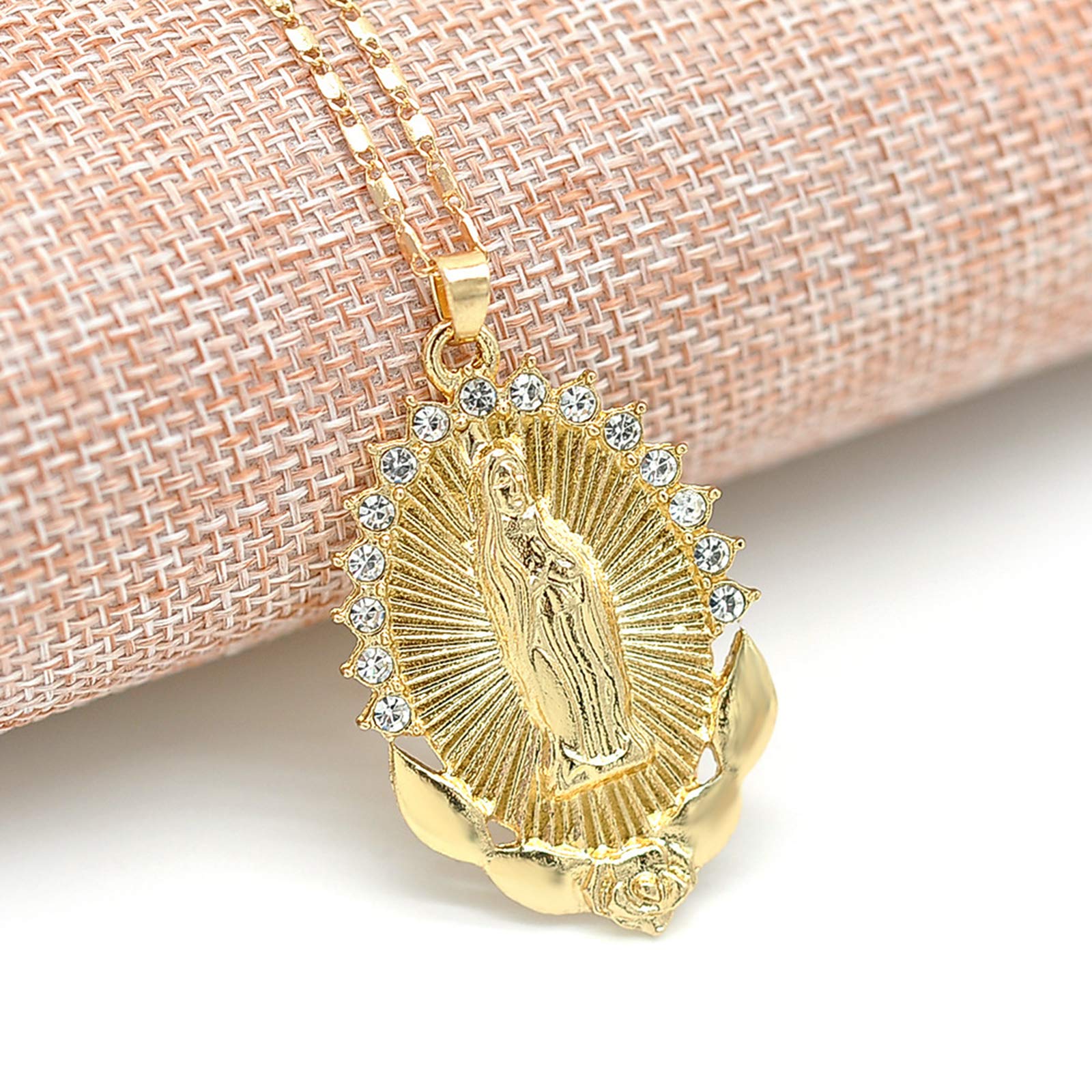 SIPELATY 18K Gold Plated Virgin Mary Pendant Necklace Crystal Rhinestone Encircled Miraculous Medal Pendant Necklace For Women