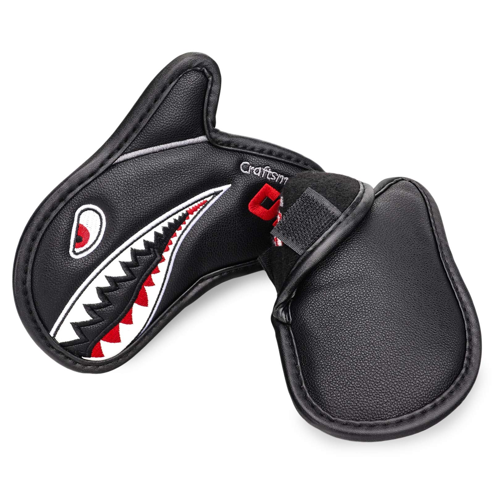 Craftsman Golf Vivid Shark Embroideried with 3D Fin 8pcs (5,6,7,8,9,P,A,S Black Iron Headcover Set with Large Red No.