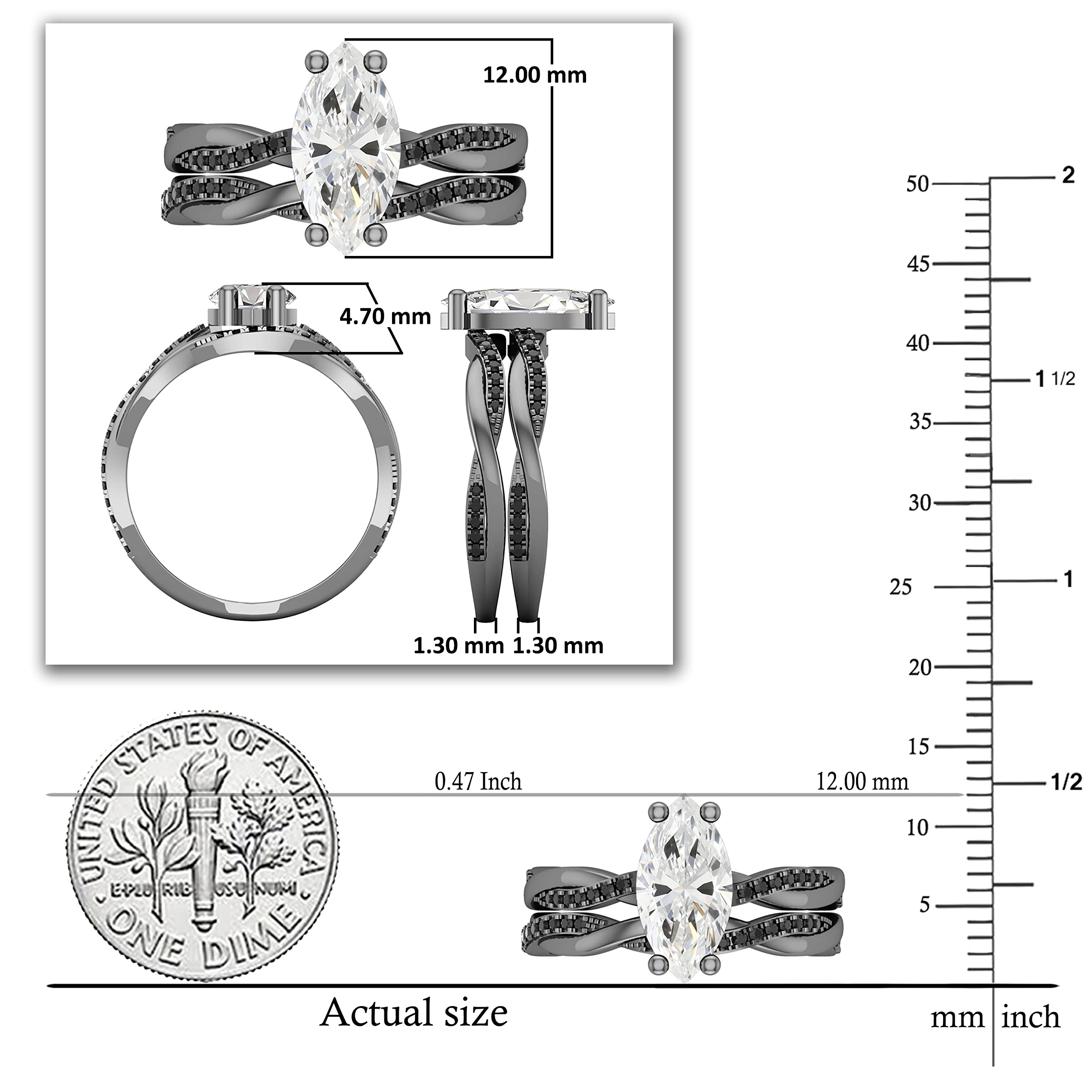 Dazzlingrock Collection 12X6 mm Lab Created Marquise White Sapphire & Round Black Diamond Bridal Ring Set in Black Plated Sterling Silver, Size 8.5