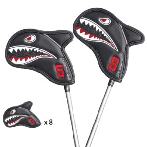 Craftsman Golf Vivid Shark Embroideried with 3D Fin 8pcs (5,6,7,8,9,P,A,S Black Iron Headcover Set with Large Red No.