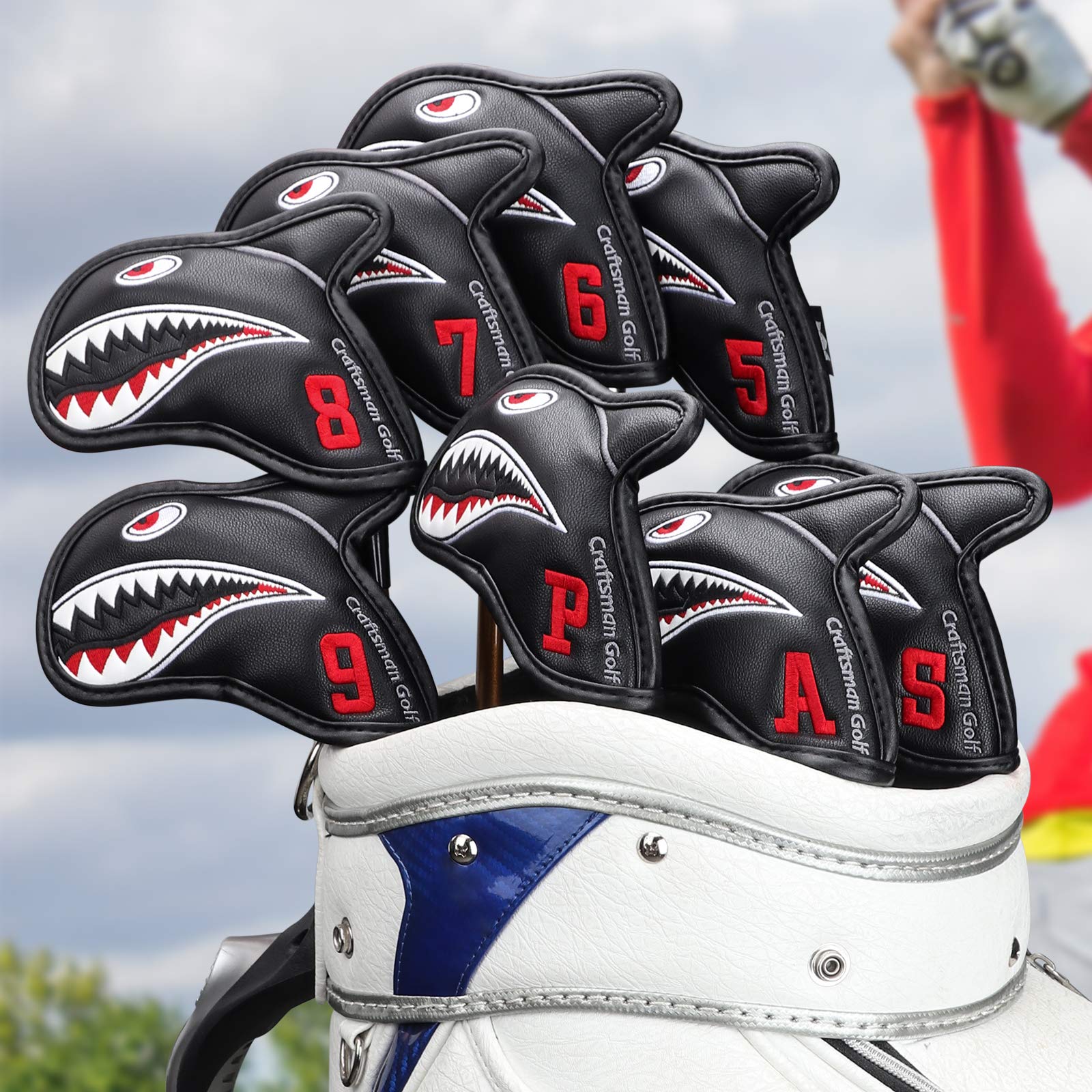 Craftsman Golf Vivid Shark Embroideried with 3D Fin 8pcs (5,6,7,8,9,P,A,S Black Iron Headcover Set with Large Red No.