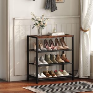 Yusong Shoe Rack, 4 Tier Shoe Organizer Storage for Closet Entryway, Narrow Slim Metal Shoe Shelves with Industrial Wooden Top, Rustic Brown and Black