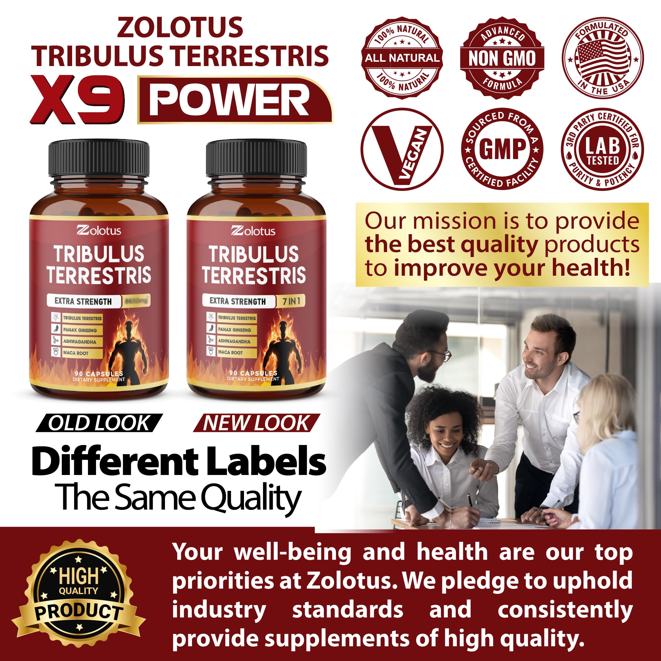 Zolotus Tribulus Terrestris, 8650mg Per Capsule, High Potency with Ashwagndha, Panax Ginseng, Saw Palmetto, Maca, Shilajit. Boost Energy, Mood, Stamina & Performance, for Men & Women, 3 Months Supply.