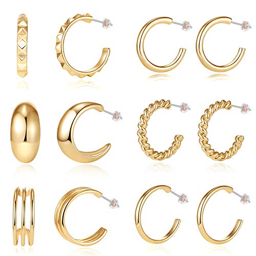 6 Pairs Small Gold Hoop Earrings for Women Pack - Small Hoop Earrings Set - Womens Earrings -Gold Earrings for Women - Thick Gold Earring Set-Chunky Hoops - Wide Hoop Earrings for Teen Girls