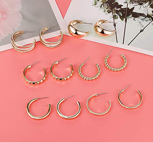 6 Pairs Small Gold Hoop Earrings for Women Pack - Small Hoop Earrings Set - Womens Earrings -Gold Earrings for Women - Thick Gold Earring Set-Chunky Hoops - Wide Hoop Earrings for Teen Girls