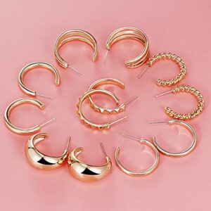 6 Pairs Small Gold Hoop Earrings for Women Pack - Small Hoop Earrings Set - Womens Earrings -Gold Earrings for Women - Thick Gold Earring Set-Chunky Hoops - Wide Hoop Earrings for Teen Girls