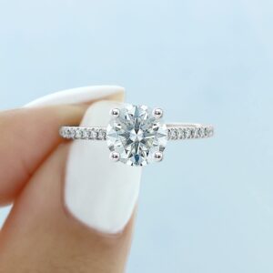 VOLVIROS Engagement Ring 2 CT Center Moissanite Engagement Rings for Women Platinum Plated Silver Size 7