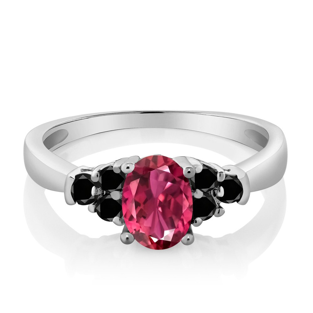 Gem Stone King 925 Sterling Silver Oval Pink Tourmaline and Black Diamond Ring For Women (0.70 Cttw, Available In Size 5, 6, 7, 8, 9)