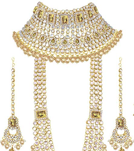 Aheli Ethnic Indian Indian Traditional Bollywood Faux Kundan Dulhan Heavy Bridal Jewelry Set with Choker Earrings Maang Tikka Hathphool for Women Girls