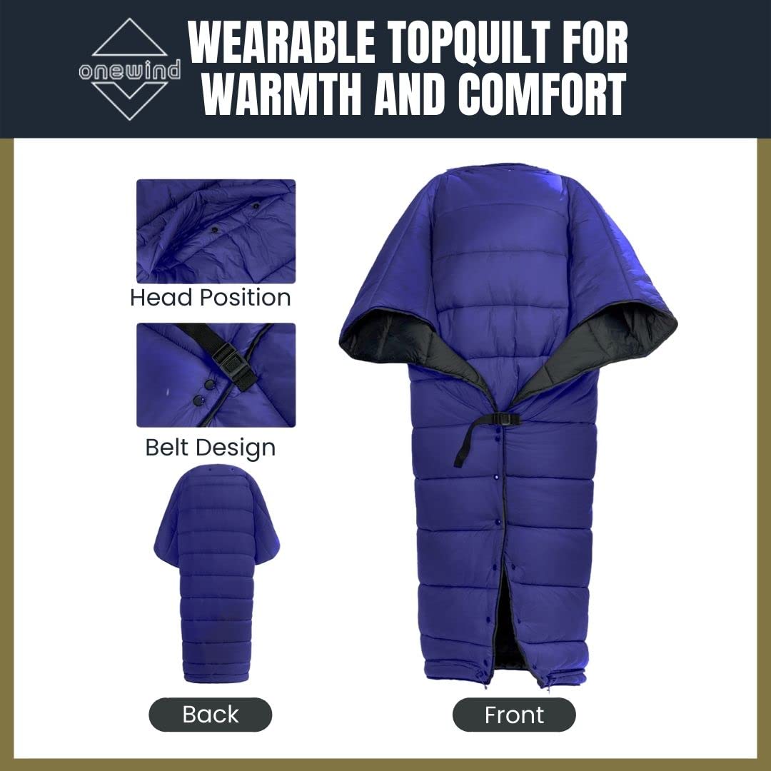 onewind Topquilt, Warm Topquilt Poncho Sleeping Bag Dupont Sorona Over Quilt with Footbox Lightweight and Portable for Camping, Backpacking, Hiking, Navy Blue