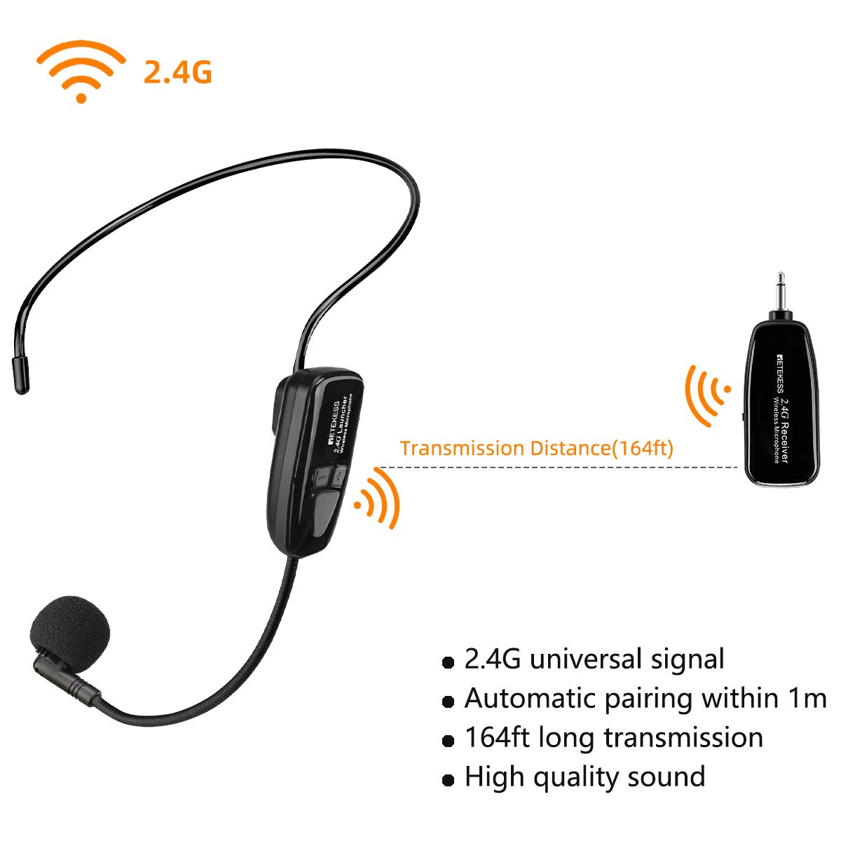 Retekess TT123 Wireless Microphone Headset,2.4G Wireless Headset Mic System,164ft,Headset and Handheld 2 in 1,for Tour Guide,System,Voice Amplifier,Window Speaker,PA System(Incompatible Phone,Laptop)