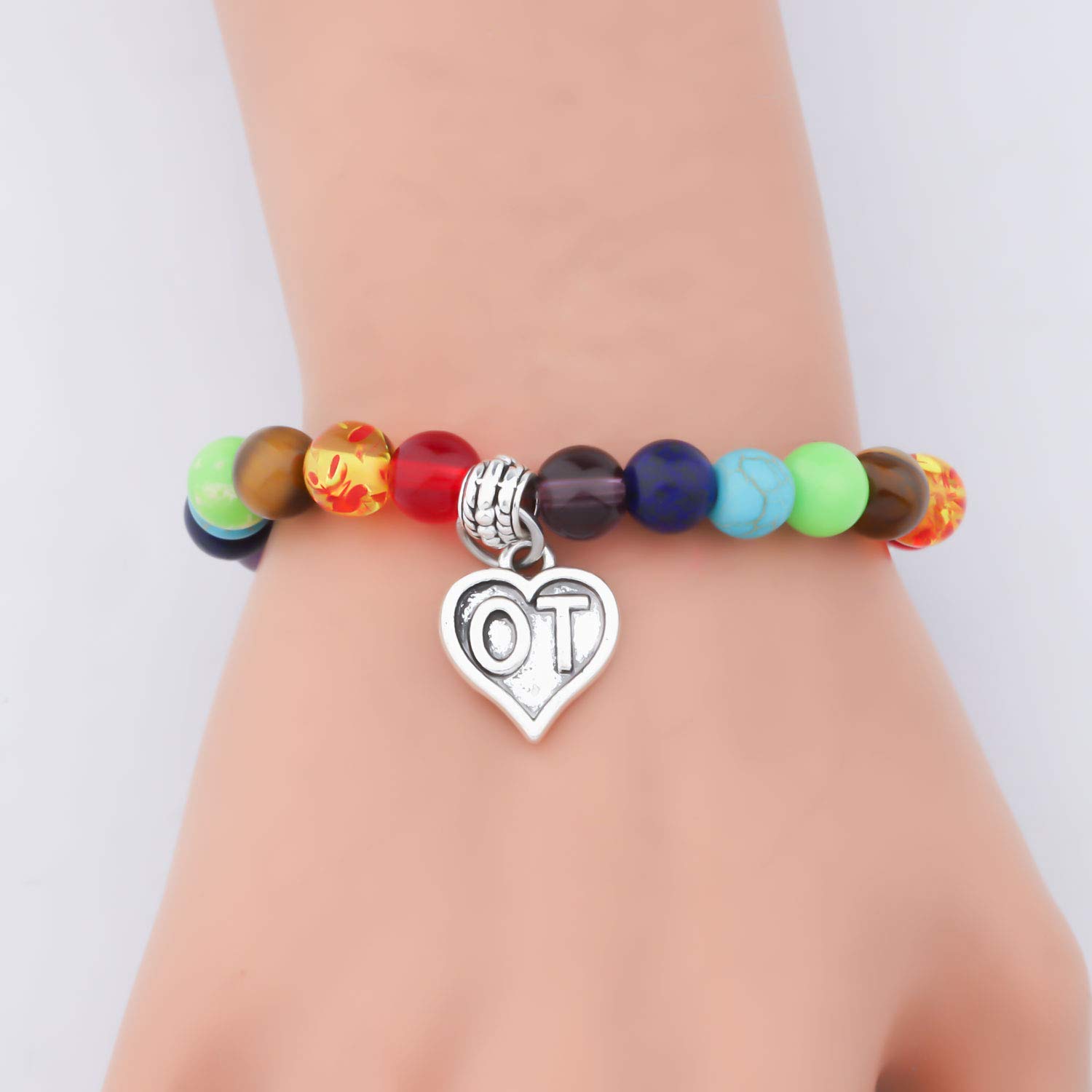 WSNANG Occupational Therapist Gift 7 Chakra Beads Elastic Bracelet with OT Charm Bangle Bracelet OT Graduation Gift Appreciation Gift (OT Elastic BR)