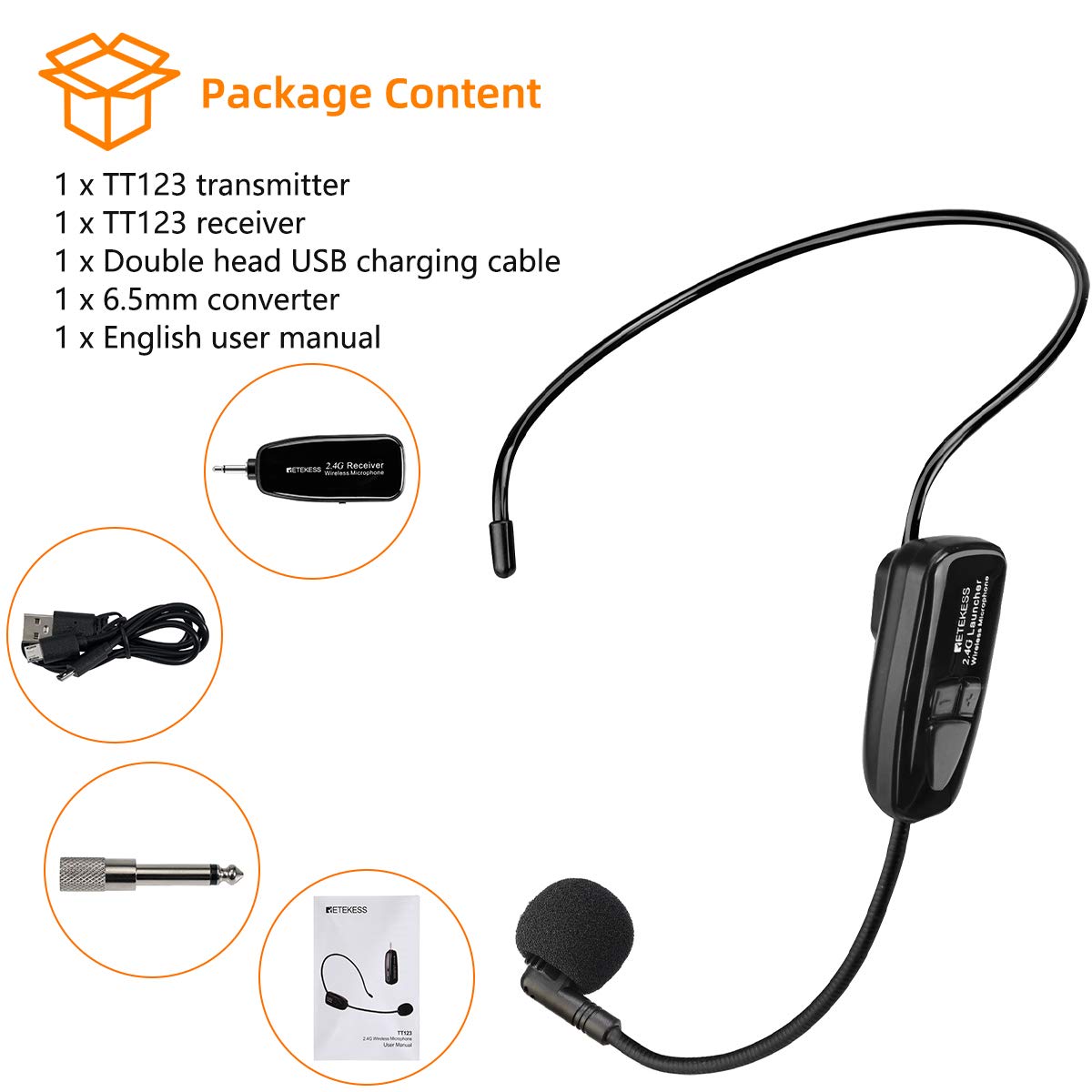 Retekess TT123 Wireless Microphone Headset,2.4G Wireless Headset Mic System,164ft,Headset and Handheld 2 in 1,for Tour Guide,System,Voice Amplifier,Window Speaker,PA System(Incompatible Phone,Laptop)