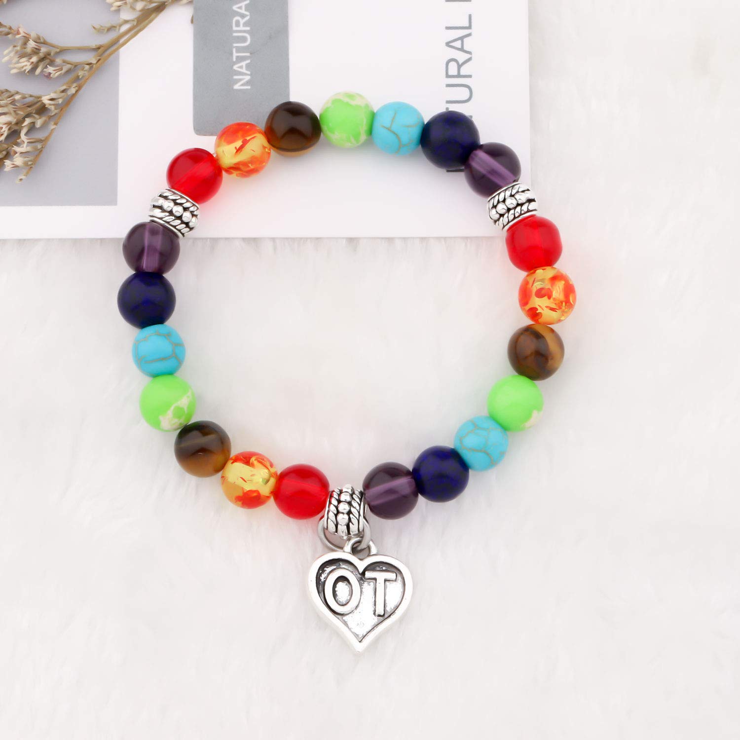 WSNANG Occupational Therapist Gift 7 Chakra Beads Elastic Bracelet with OT Charm Bangle Bracelet OT Graduation Gift Appreciation Gift (OT Elastic BR)