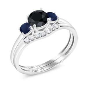 10k white gold black sapphire and blue sapphire and white lab grown diamond 3-stone bridal engagement wedding ring set for women (1.07 cttw, gemstone september birthstone, round 5mm, size 9)