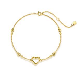 14k solid gold moissanite heart bracelet for women, real gold love heart bracelets jewelry anniversary christmas gifts for wife, mom, 8 inch (adjustable length)