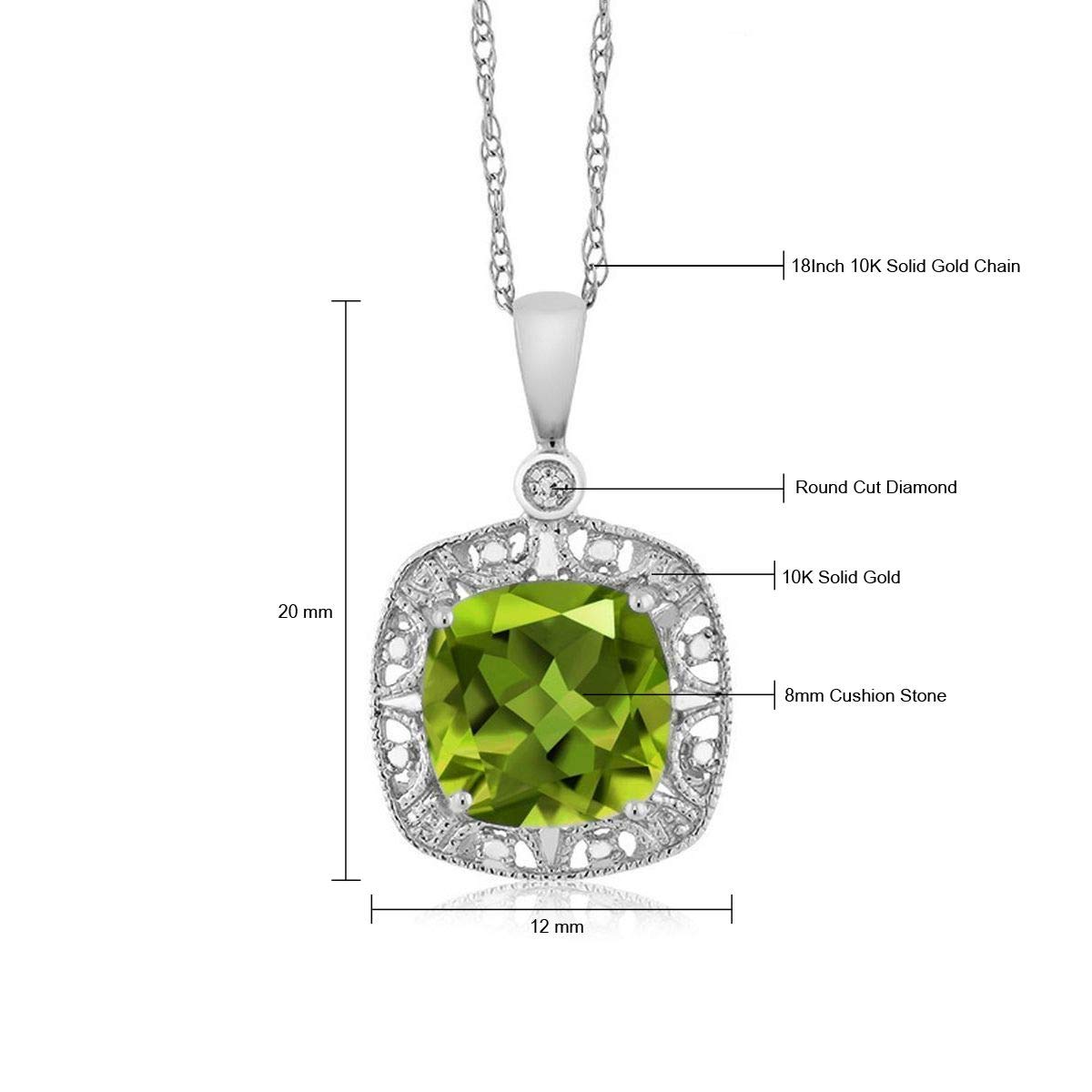 Gem Stone King 10K White Gold Cushion Green Peridot and Diamond Accent Pendant Necklace For Women (2.45 Cttw, Gemstone Birthstone, 8MM Center)