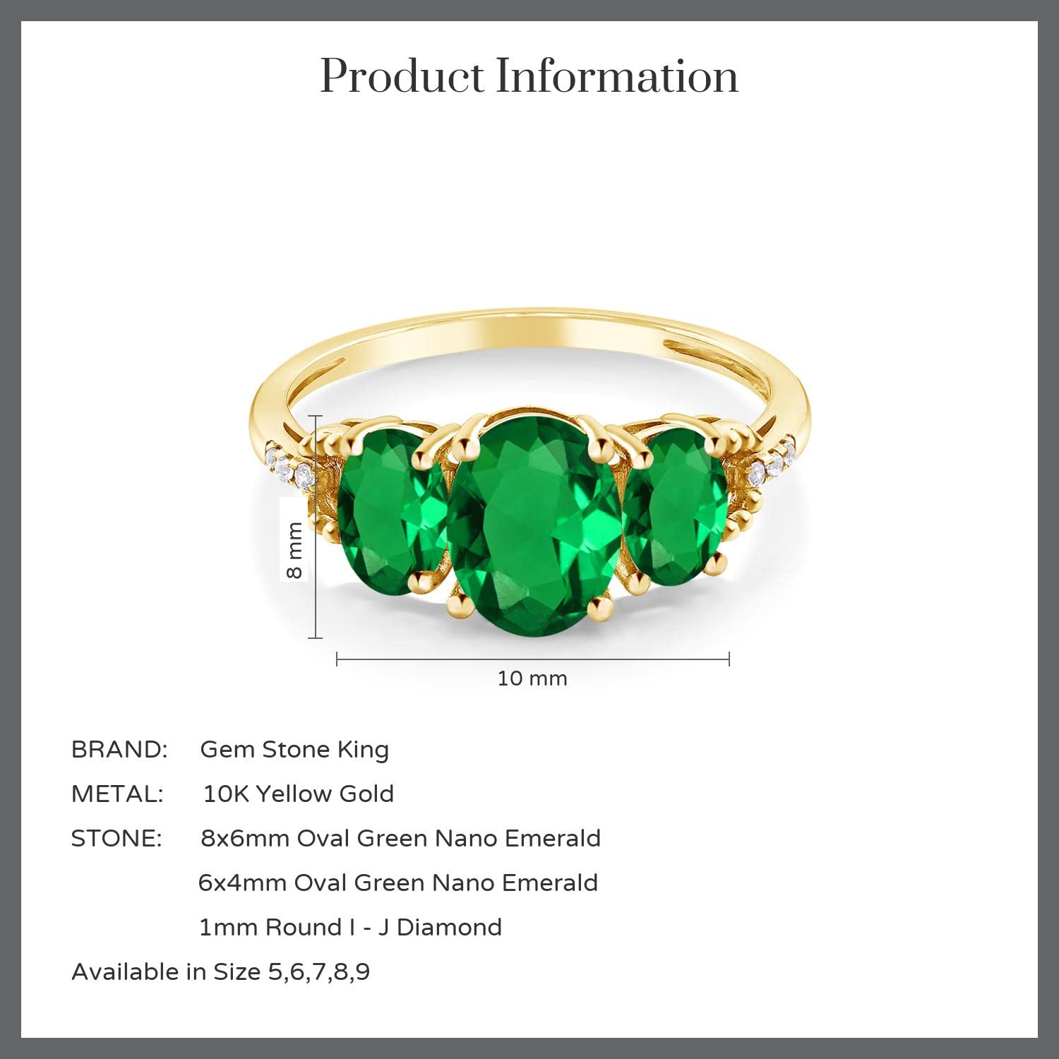 Gem Stone King 10K Yellow Gold Green Simulated Emerald and Diamond Accent 3-Stone Engagement Ring | 1.59 Cttw | 3 Stone Wedding Anniversary Gold Promise Ring For Women (Size 8)