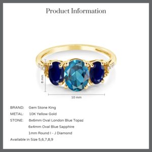 Gem Stone King 10K Yellow Gold Oval London Blue Topaz and Blue Sapphire Engagement Ring For Women (2.64 Cttw, Gemstone Birthstone) (Size 9)