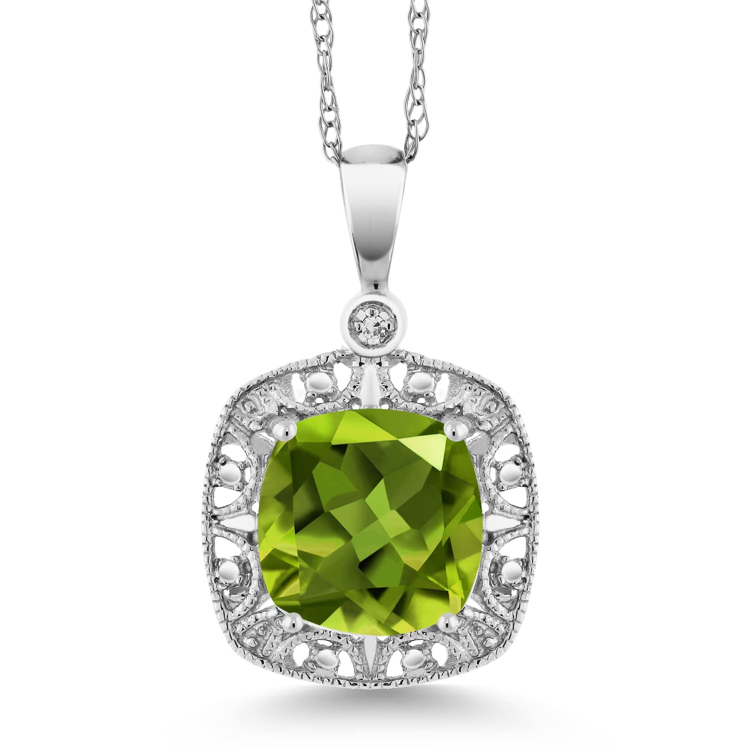 Gem Stone King 10K White Gold Cushion Green Peridot and Diamond Accent Pendant Necklace For Women (2.45 Cttw, Gemstone Birthstone, 8MM Center)