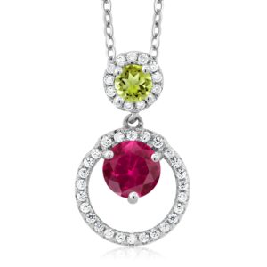 gem stone king 925 sterling silver red created ruby and green peridot pendant necklace for women (1.90 cttw, gemstone july birthstone, round 6mm and 4mm)