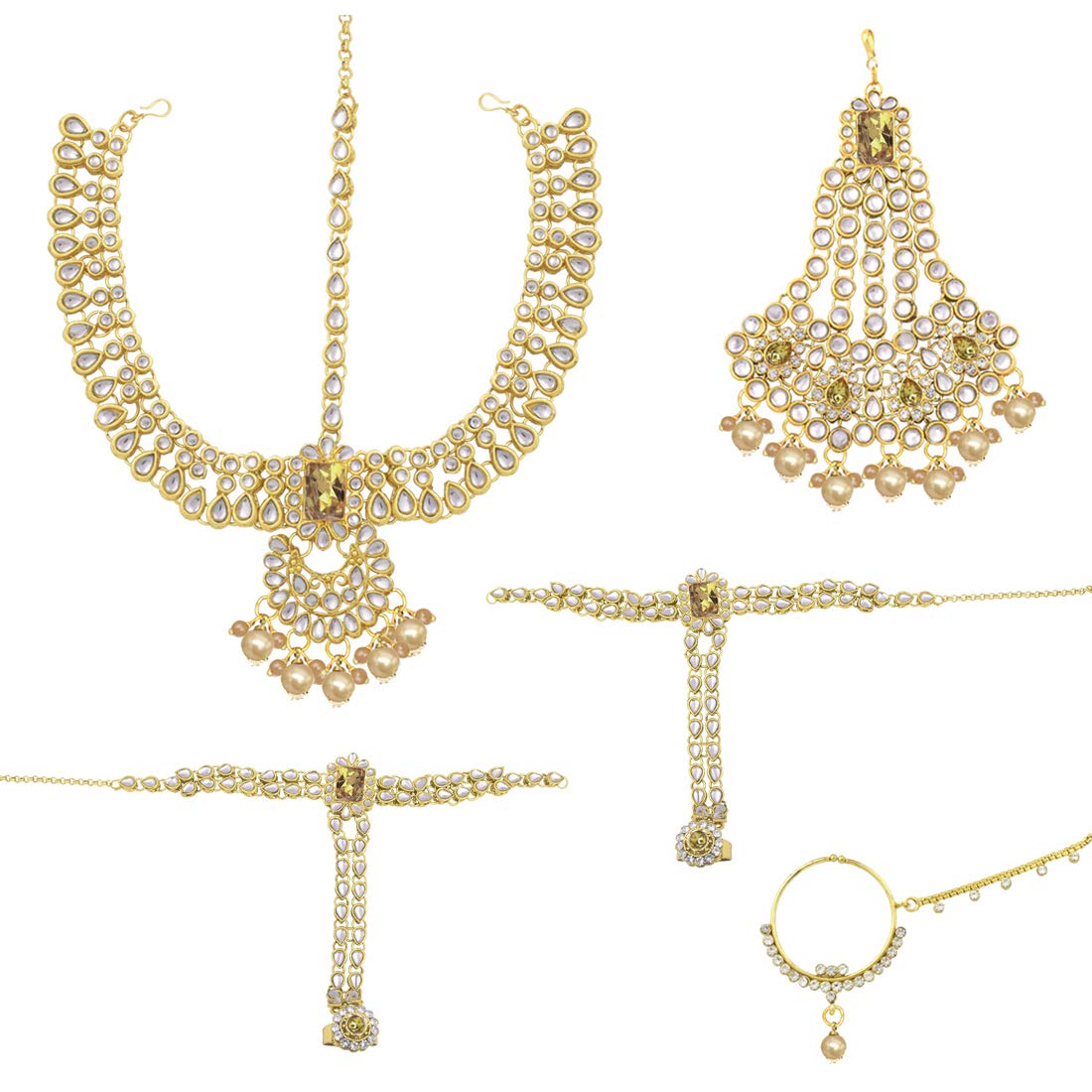 Aheli Ethnic Indian Indian Traditional Bollywood Faux Kundan Dulhan Heavy Bridal Jewelry Set with Choker Earrings Maang Tikka Hathphool for Women Girls