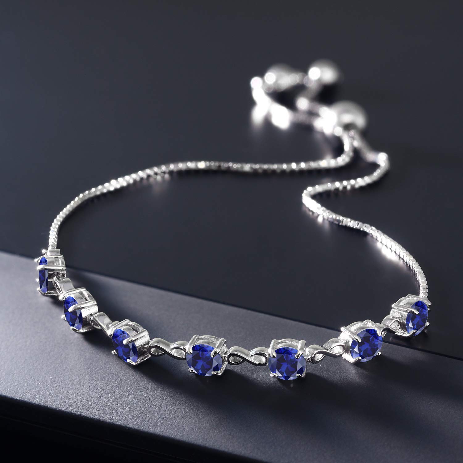 Gem Stone King 2.45 Cttw Blue Created Sapphire Tennis Bracelet For Women In 925 Sterling Silver | Round 4.5MM | Fully Adjustable Up to 9 Inch