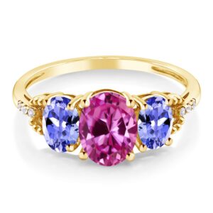 Gem Stone King 10K Yellow Gold Pink Created Sapphire and Blue Tanzanite Engagement Ring For Women (2.59 Cttw) (Size 9)