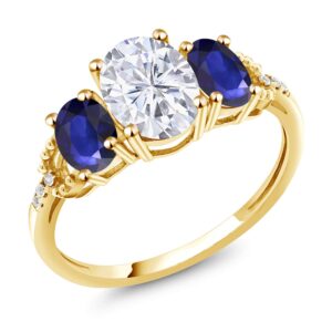 10k yellow gold 3-stone ring forever brilliant oval 5.19cttw moissanite by charles & colvard and sapphire (size 8)