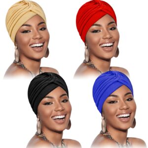 syhood 4 pieces turbans for women head wraps for women beanie headwraps,4 colors(black, sapphire blue, khaki, wine red)