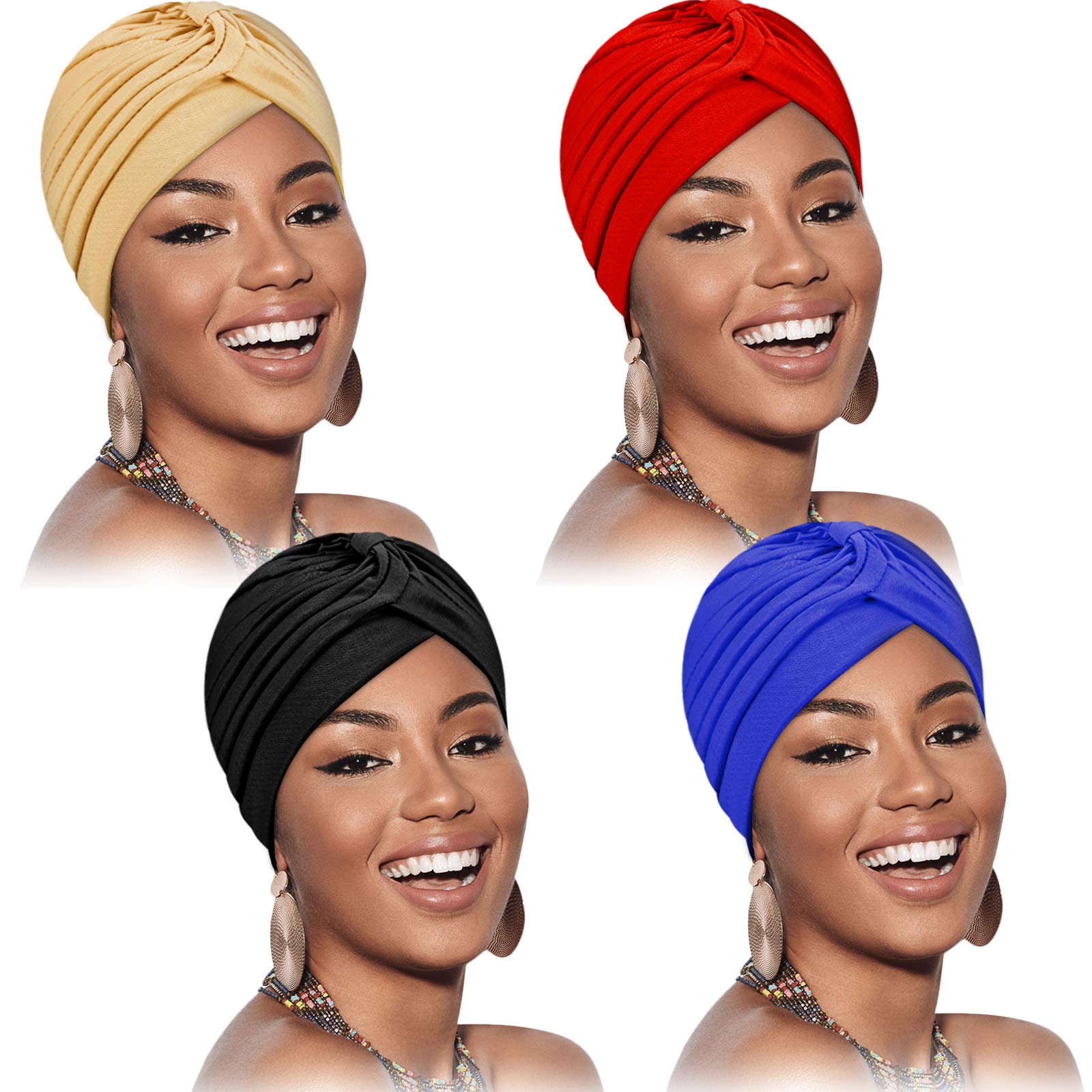 Syhood 4 Pieces Turbans for Women Head Wraps for Women Beanie Headwraps,4 Colors(Black, Sapphire Blue, khaki, Wine Red)