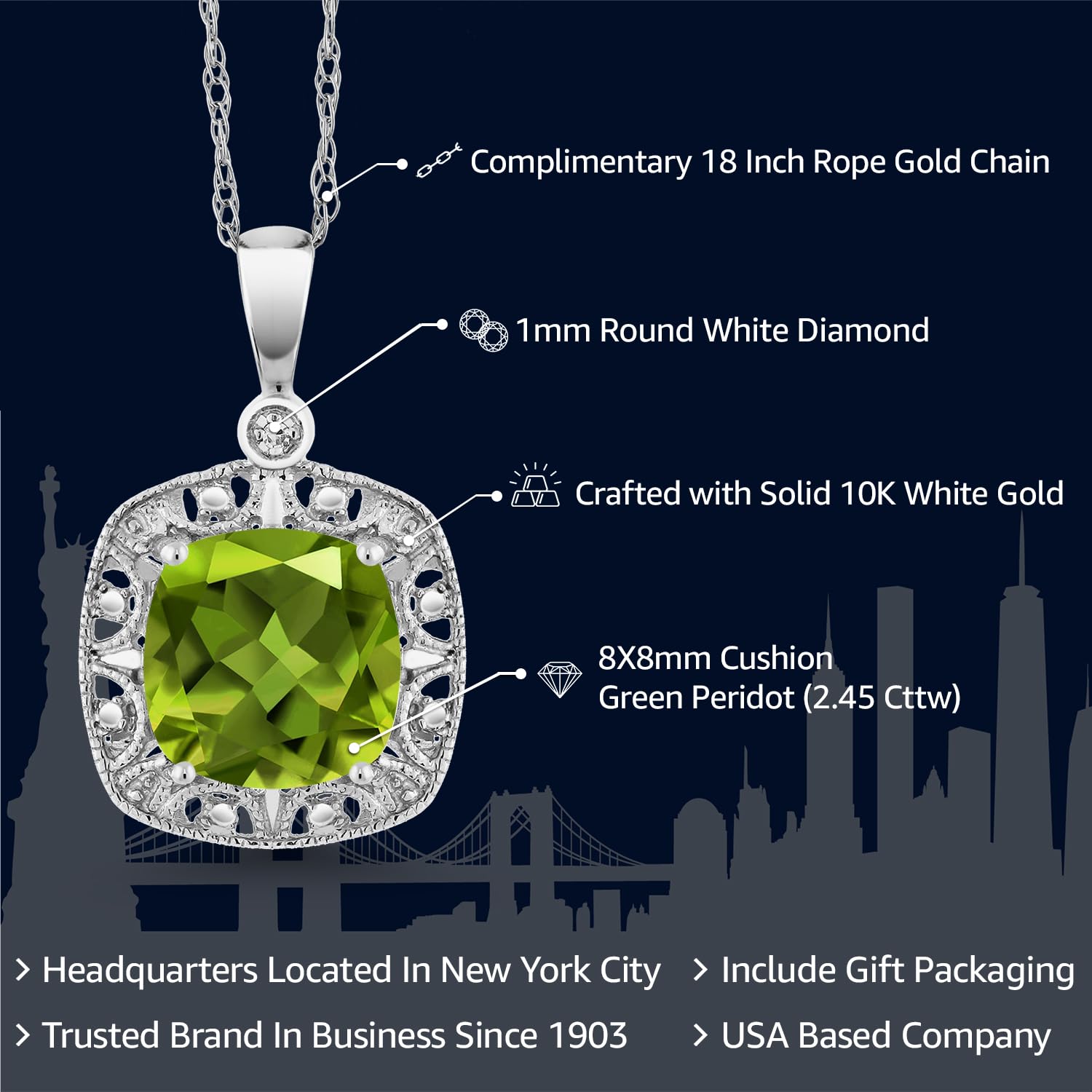 Gem Stone King 10K White Gold Cushion Green Peridot and Diamond Accent Pendant Necklace For Women (2.45 Cttw, Gemstone Birthstone, 8MM Center)