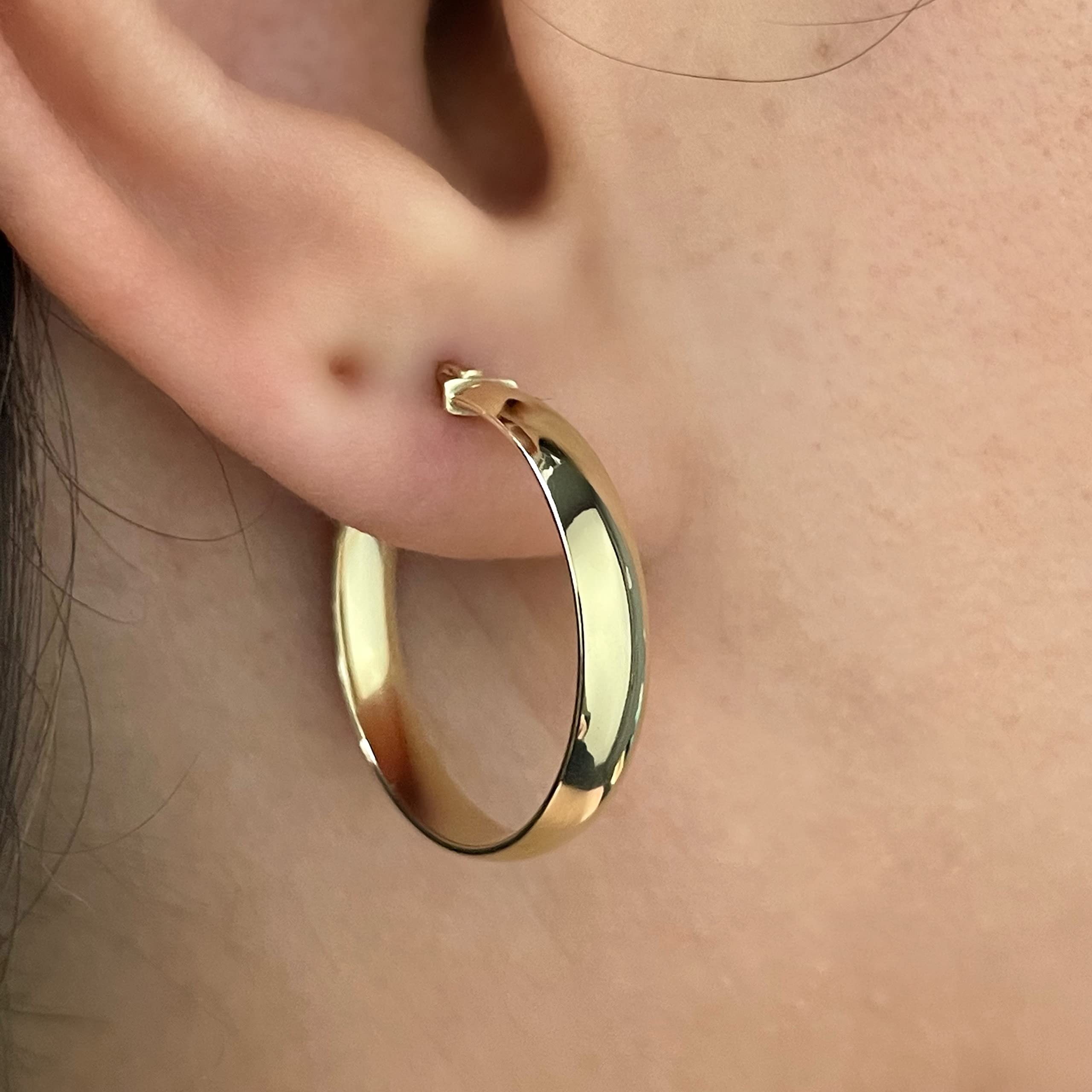 Italian 14k Yellow Gold Shiny Rounded Flat Medium Hollow Hoop Earrings 1"