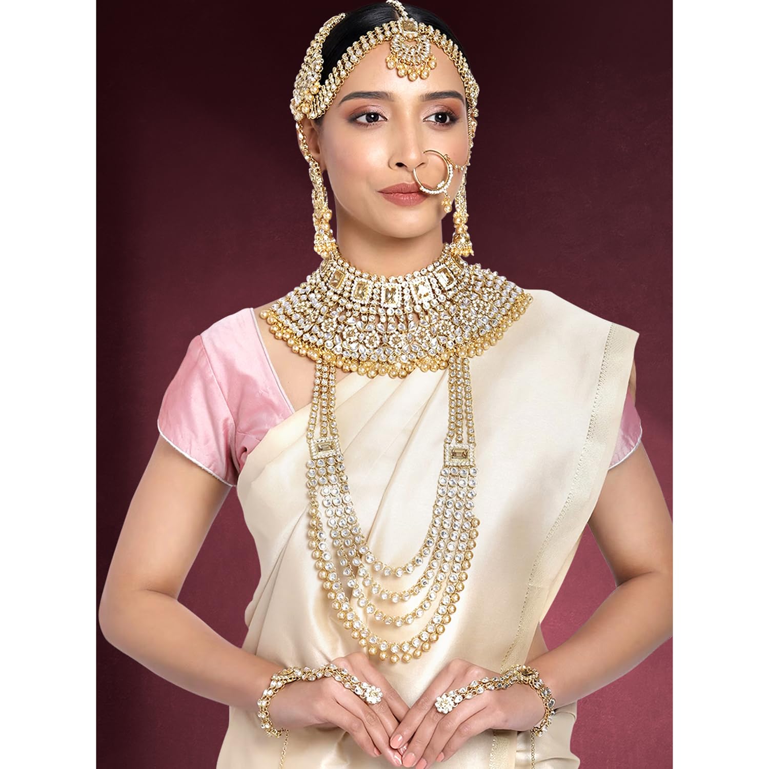 Aheli Ethnic Indian Indian Traditional Bollywood Faux Kundan Dulhan Heavy Bridal Jewelry Set with Choker Earrings Maang Tikka Hathphool for Women Girls