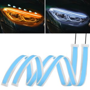 2pc 24 inch dual color red/sequence amber led headlight strip tube, waterproof flexible adhesive daytime running lights drl switchback glow light strip headlight decorative lamp for car