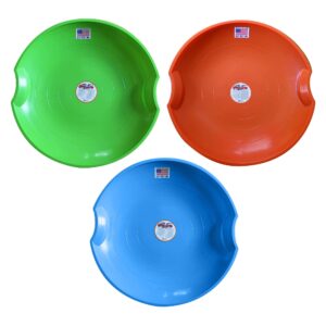 flexible flyer 3-pack snow saucer sleds. round sno slider discs, blue, orange, green, 26"