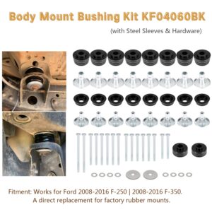 KF04060BK Body Mount Bushing Kit for Ford Super Duty F250 F350 2008-2016 2WD 4WD Polyurethane Body Cab Mounts Steel Sleeves and Hardware Black