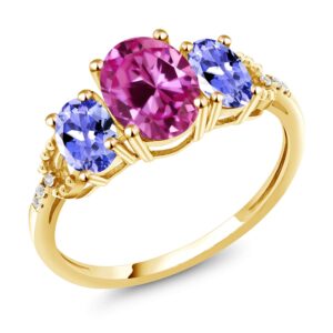 gem stone king 10k yellow gold pink created sapphire and blue tanzanite engagement ring for women (2.59 cttw) (size 9)