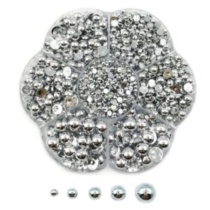 amaney 2100pcs silver satin luster abs imitation pearls half round pearls assorted mixed sizes 3/4/5/6/8mm flatback pearl beads diy material (silver)