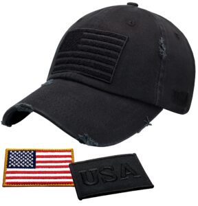 antourage american flag hat for men and women | vintage baseball tactical hat cap with usa flag + 2 patriotic patches ((11) black)