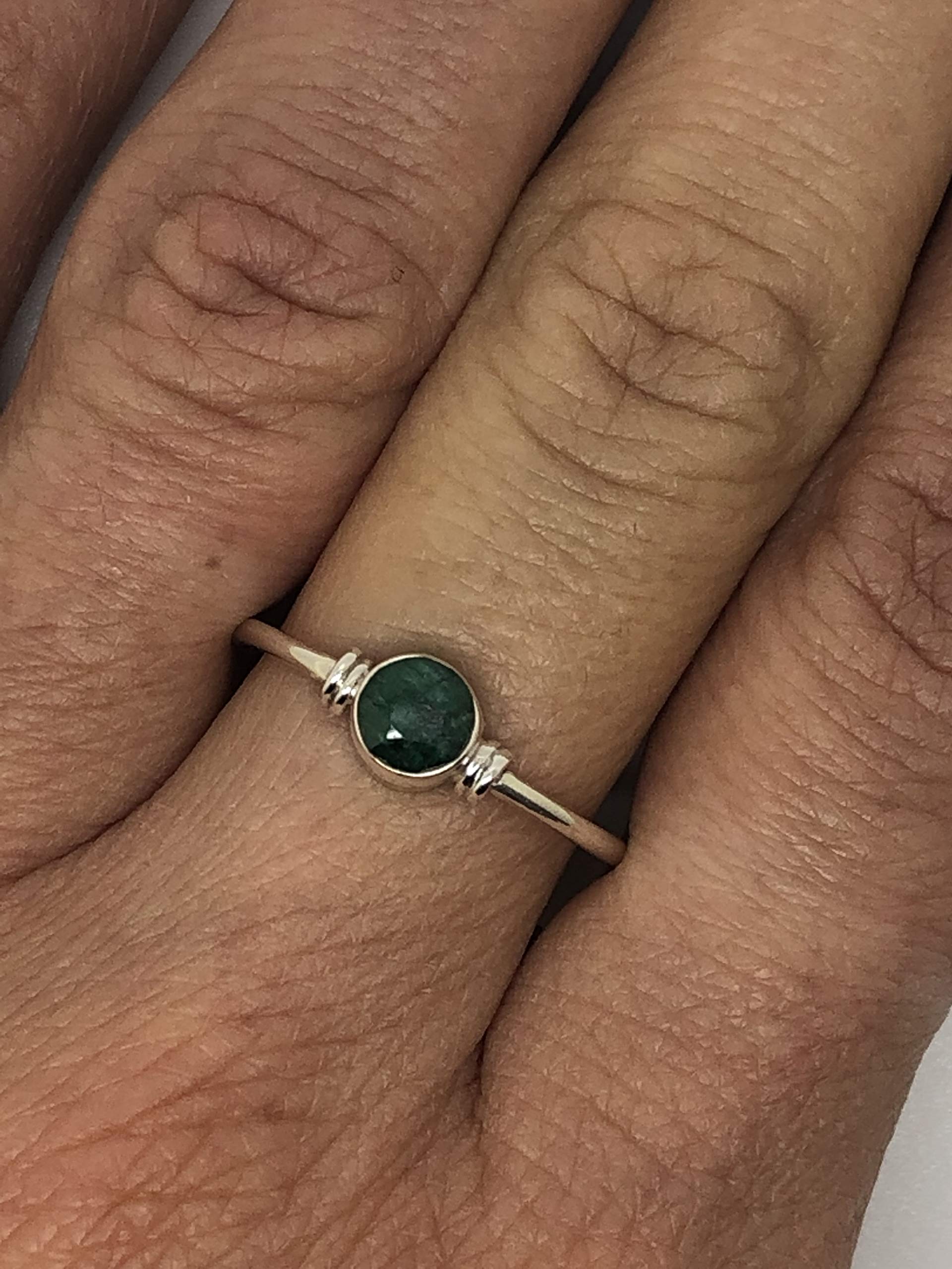 Koral Jewelry Created Emerald Round Stone Delicate Ring 925 Sterling Silver Vintage Tribal Gipsy Boho Look (10)