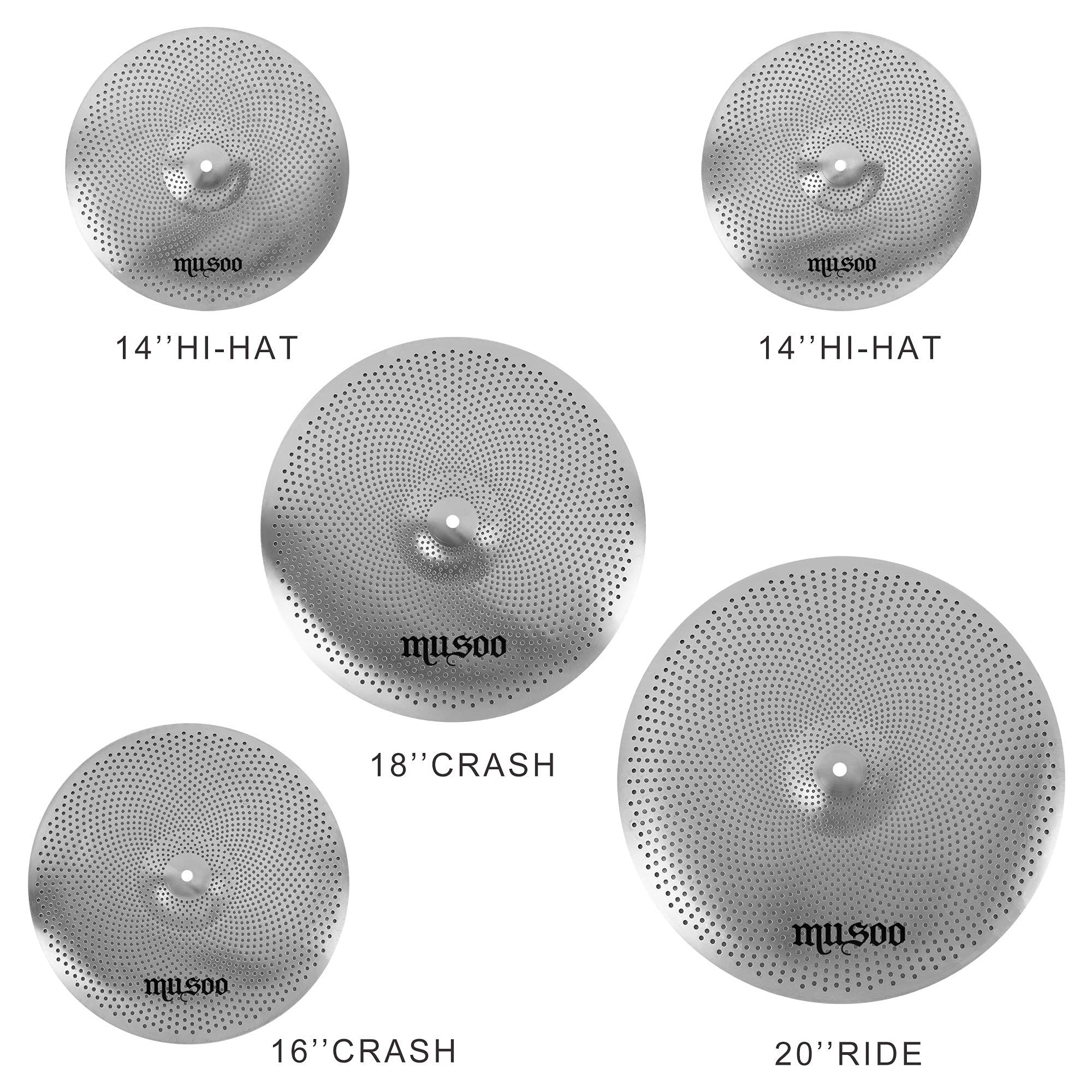 Musoo Low Volume Cymbal 60%-70% 14/16/18/20”Quiet Cymbals Set of 5 pcs for Practice