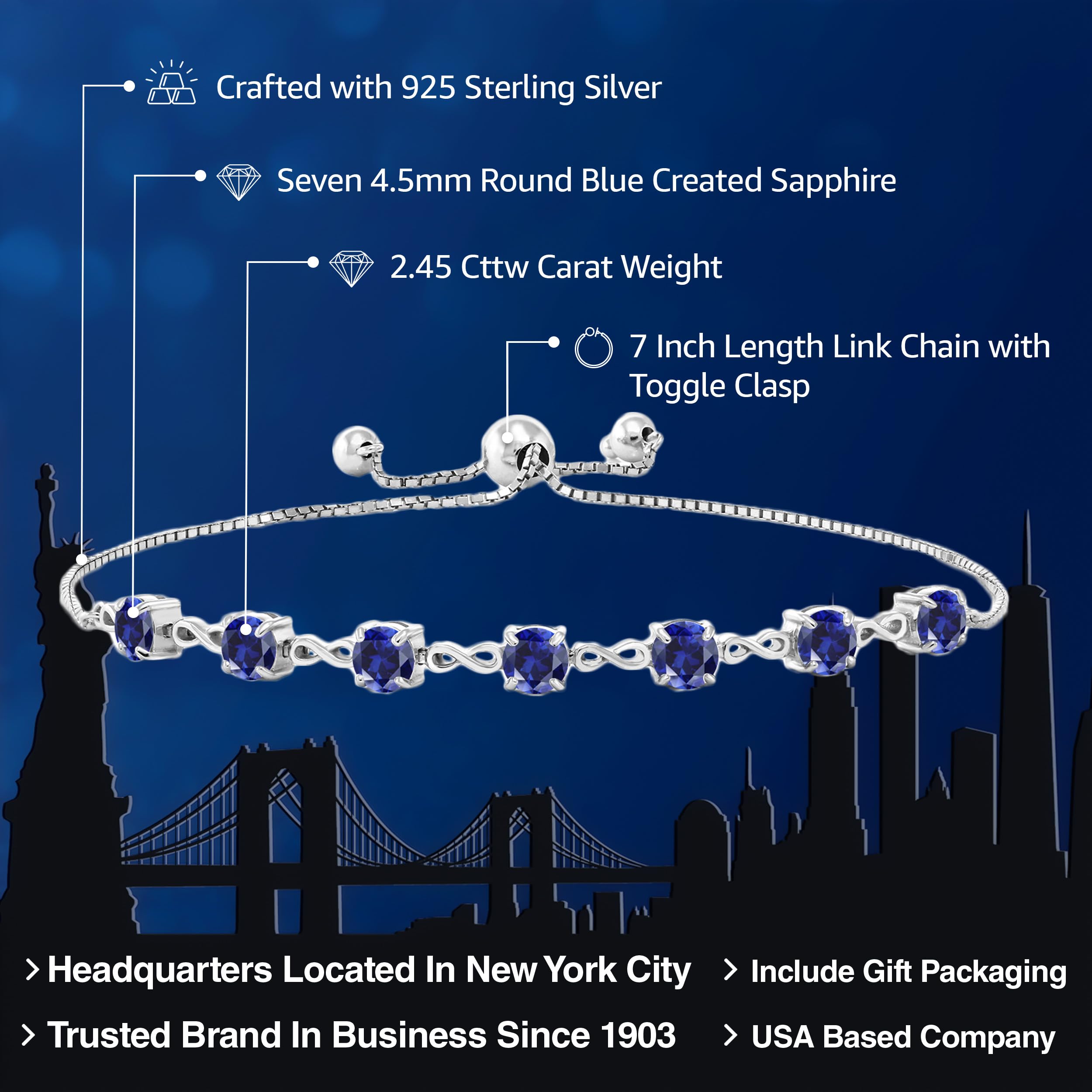 Gem Stone King 2.45 Cttw Blue Created Sapphire Tennis Bracelet For Women In 925 Sterling Silver | Round 4.5MM | Fully Adjustable Up to 9 Inch