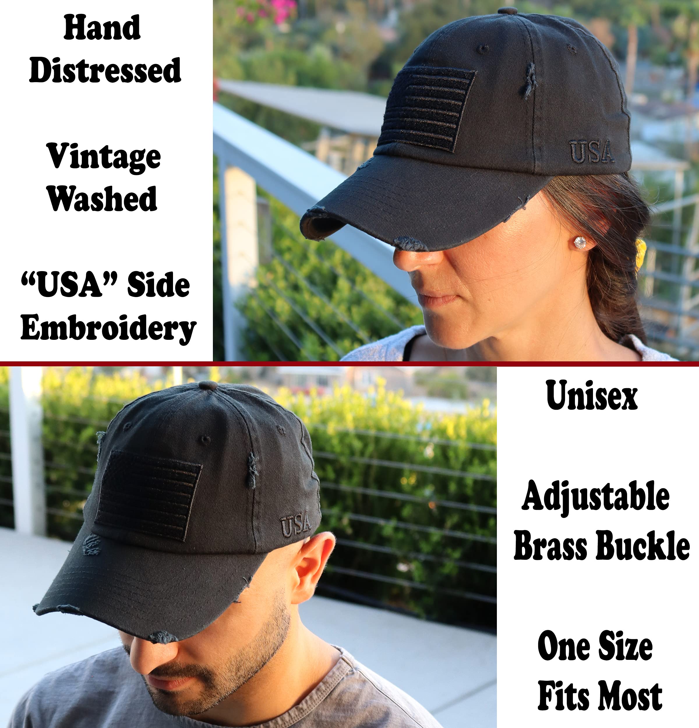 Antourage American Flag Hat for Men and Women | Vintage Baseball Tactical Hat Cap with USA Flag + 2 Patriotic Patches ((11) Black)