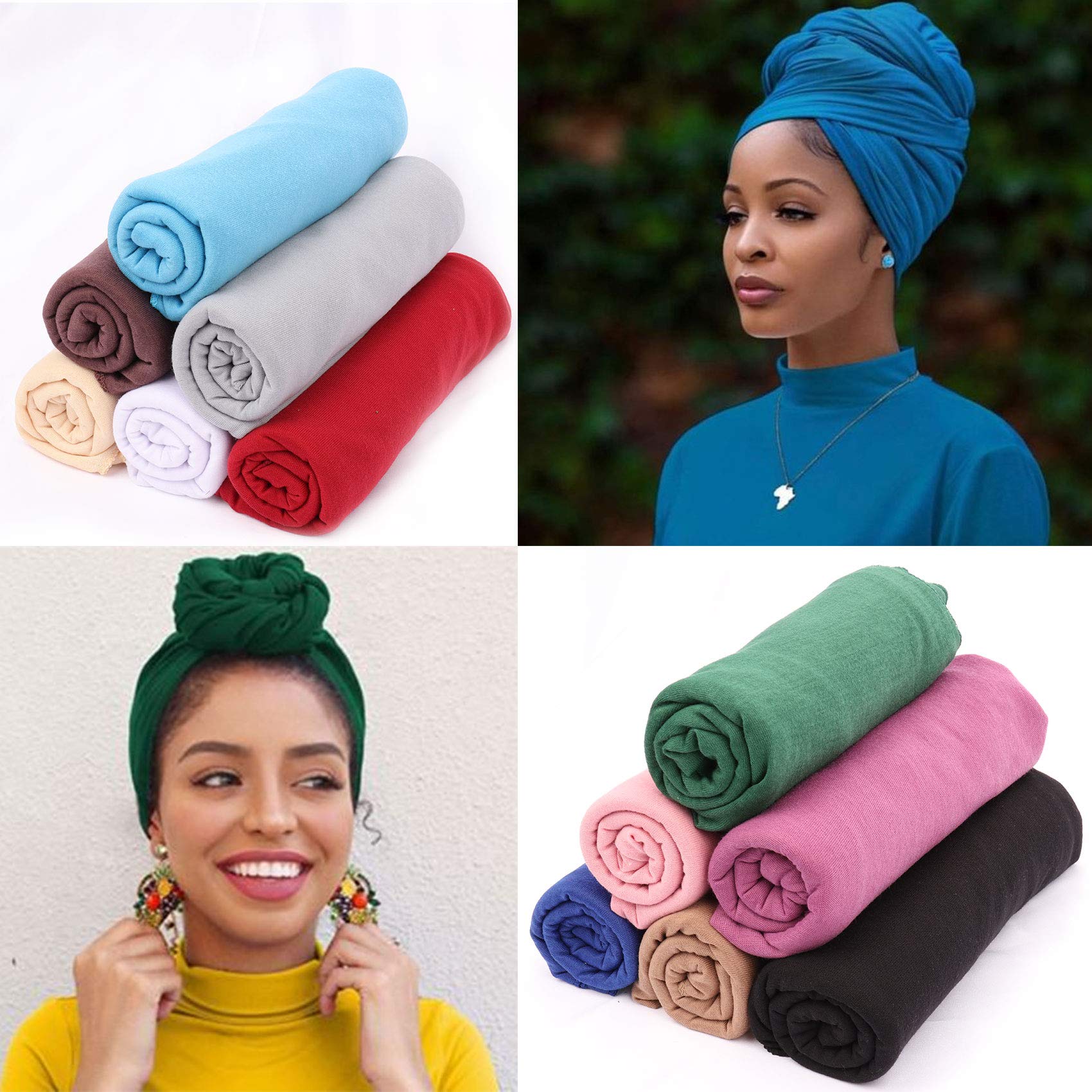 12 Pieces Head Wrap Scarf Stretch Jersey Turban Extra Long Ultra Soft Urban Headwraps for Women Solid Color African Headwear Headband Tie (Set 01)