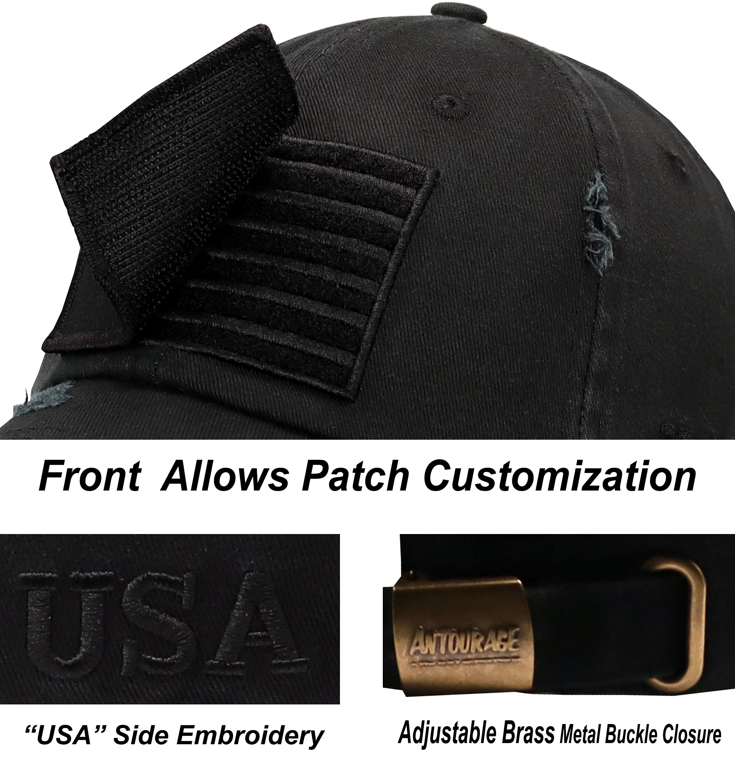 Antourage American Flag Hat for Men and Women | Vintage Baseball Tactical Hat Cap with USA Flag + 2 Patriotic Patches ((11) Black)