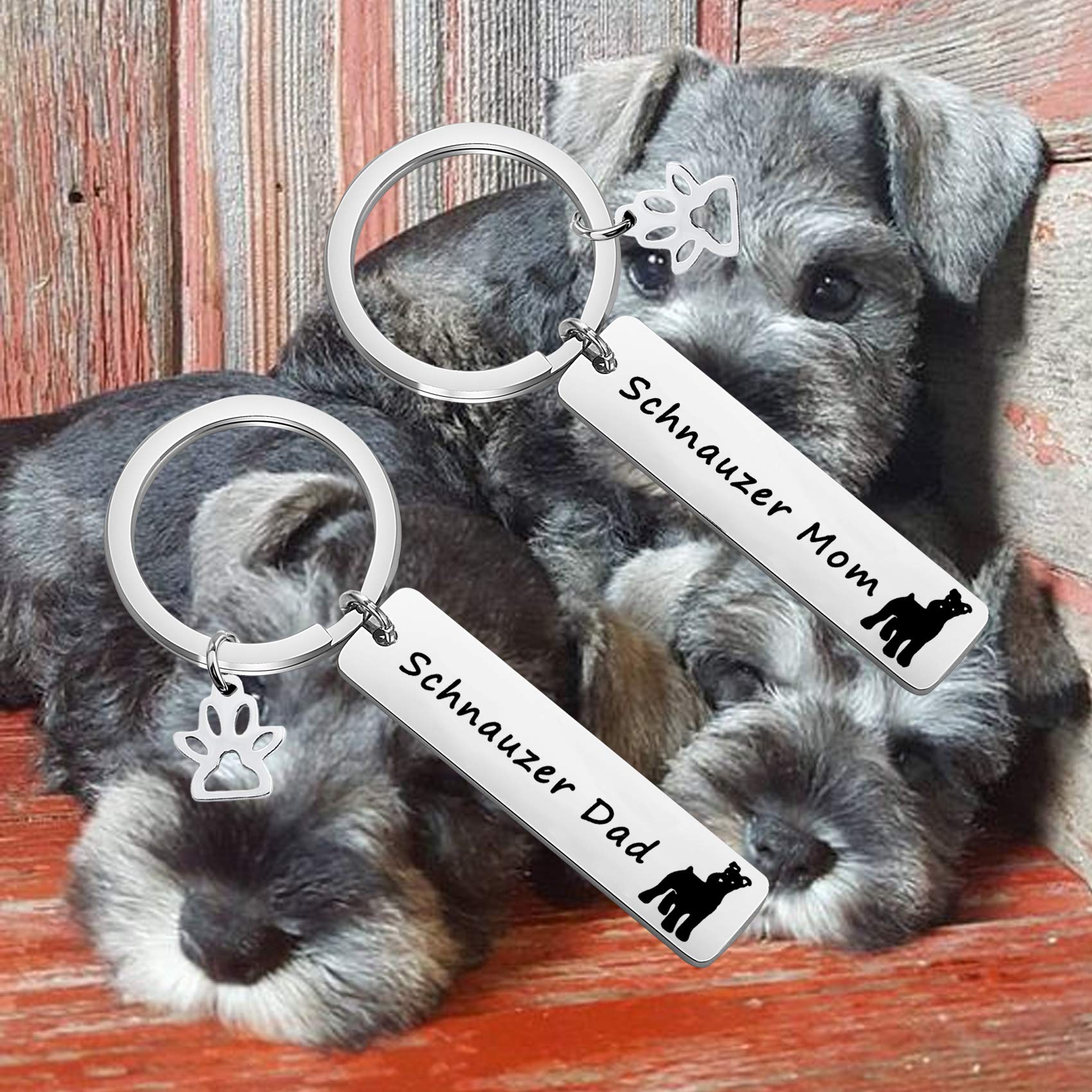 BEKECH Schnauzer Mom Schnauzer Dad Jewelry Gifts Schnauzer Mom Schnauzer Dad Dog Paw Charm Keychain Set Gift for Schnauzer Pet Lovers (silver)