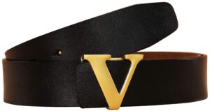 yuangu men's classic gold/silver v-buckle design soft calfskin belt (black gold, 105cm/41.3inch(30-36))